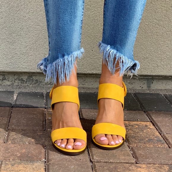 Boutique | Shoes | Nib Sunny Mustard Block Heel Casual Velcro Sandal ...